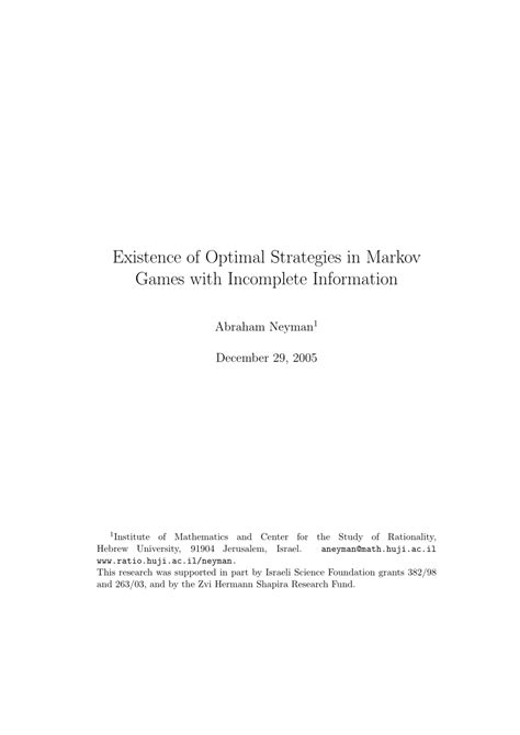 Pdf Existence Of Optimal Strategies In Markov Games With Incomplete