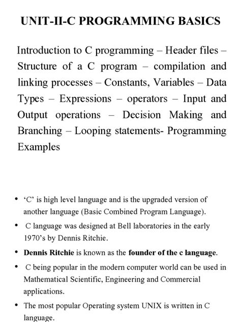 unit ii introduction to c programming pdf c programming language