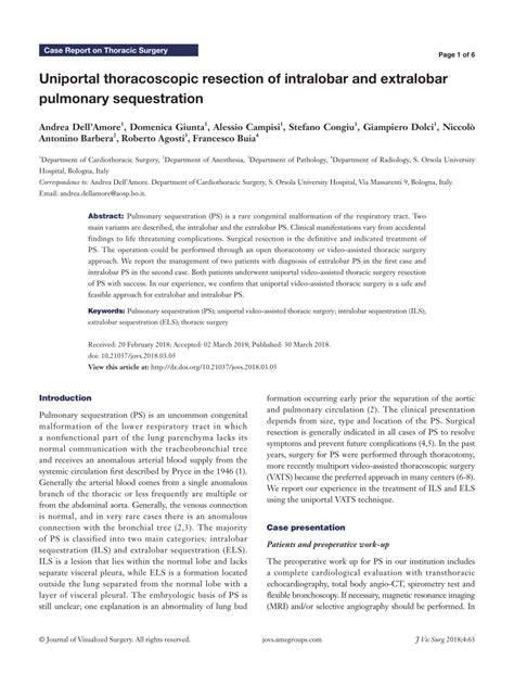 Pdf Uniportal Thoracoscopic Resection Of Intralobar And Extralobar Pulmonary Sequestration