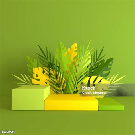 열대 종이 손바닥 몬스타 나뭇잎과 꽃 프레임 제품 프리젠 테이션을위한 연단 플랫폼 여름 열대 잎입니다 종이 접기 이국적인 정글 여름 배경입니다 용지 잘라내기 3d 렌더링 0