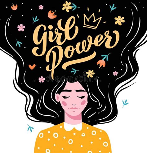 Girl Power Vector Lettering Girl With Long Hair With Text Hand Drawn
