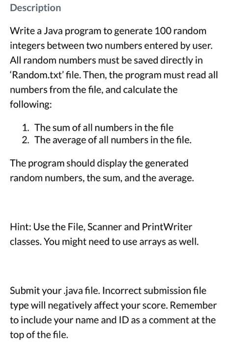 Solved Description Write A Java Program To Generate 100