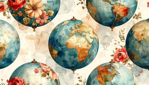 Floral Globe Pattern Vintage World Map Design Stock Illustration