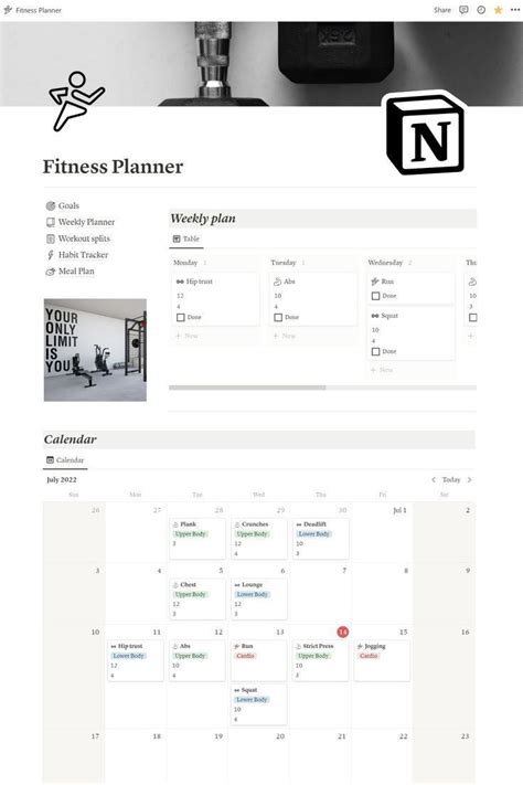 Notion Template Fitness Planner Weight Loss Planner Gym Journal Fitness Tracker Workout Plan
