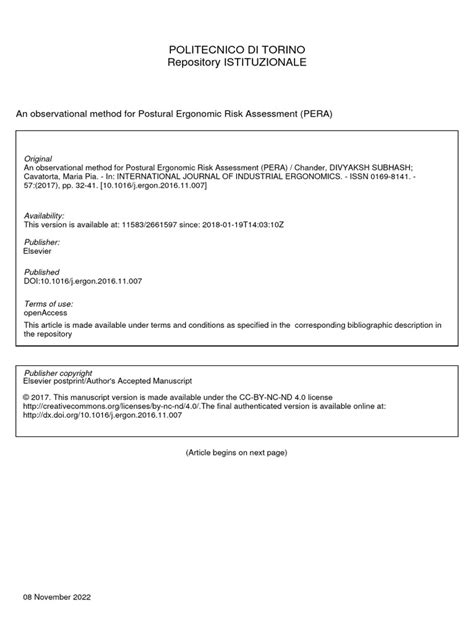 An Observational Method For Postural Ergonomic Risk Assessment Pera Pdf Anatomical Terms