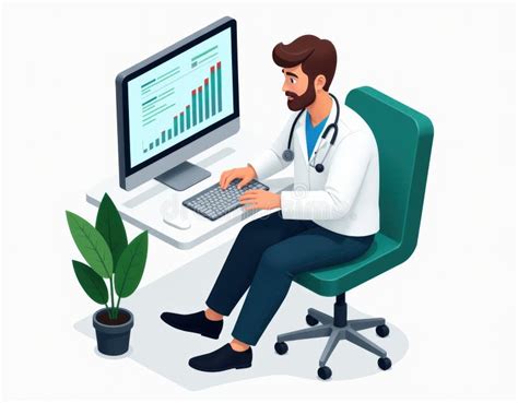 Doctor Working On Computer Medical Data Analysis Healthcare Professional Isometric
