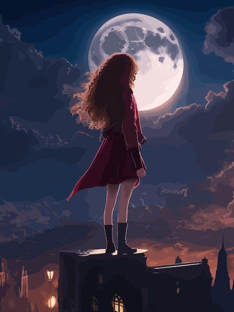 Una niña parada en una cornisa mirando la luna Vector Premium