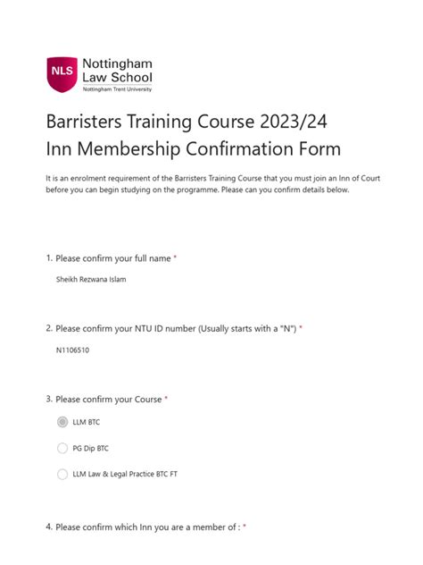 Barristers Training Course 2023 24 Inn Membership Confirmation Form Pdf