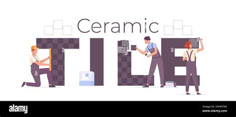 Ceramic Tiles Flat Text With Three Workers Doing Tiling Work Vector Illustration Stock Vector
