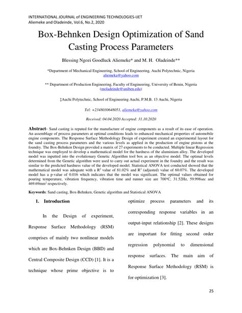 Pdf Box Behnken Design Optimization Of Sand Casting Process Parameters