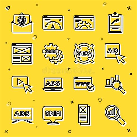 Set Line Magnifying Glass And Analysis Advertising Browser Setting Social Media Marketing