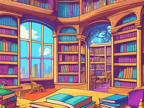 Premium Ai Image Book Library Cartoon Illustration