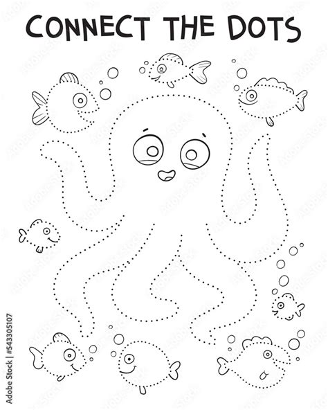 Connect The Dots And Draw Cute Cartoon Octopus Dot To Dot Draw A Line