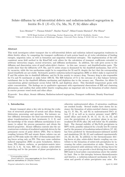 Pdf Solute Diffusion By Self Interstitial Defects And Radiation