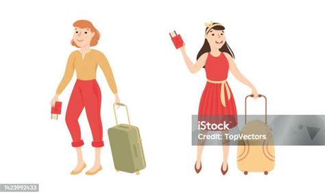 공항 벡터 세트에서 여행 가방과 수하물이있는 여성 관광 캐릭터 가방에 대한 스톡 벡터 아트 및 기타 이미지 가방 공항 관광 Istock