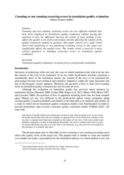Pdf Counting Or Not Counting Recurring Errors In Translation Quality Evaluation