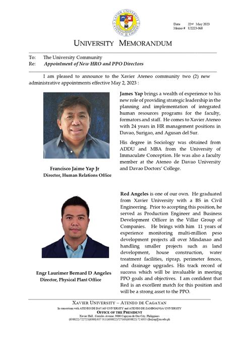 Xavier University Memo U2223 068 Appointment Of New Hro And Ppo Directors