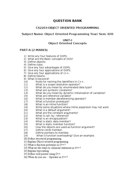 Oops Question Bank Cs 2203 Pdf C Constructor Object Oriented Programming