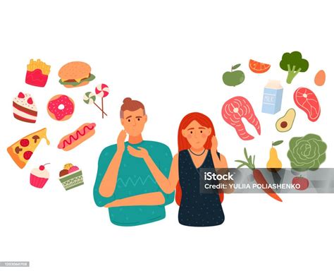 사람들은 패스트 푸드와 건강하고 활기찬 음식 중에서 선택합니다 다이어트 개념 균형 잡힌 식단 메뉴 식단을 가진 사람들 플랫 벡터 일러스트레이션 가공의 인물에 대한 스톡 벡터