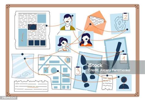 형사 증거 게시판 사람 발자국 및지도의 사진 경찰 수사 및 범죄자 수색 경찰서 선형 벡터 그림 가정의 방에 대한 스톡 벡터 아트 및 기타 이미지 Istock