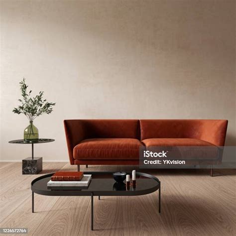 오렌지 색 소파와 커피 테이블이있는 현대적인 미니멀 한 베이지 색 인테리어 3d 렌더링 일러스트 가 조롱 미드센추리 스타일에 대한 스톡 사진 및 기타 이미지 Istock