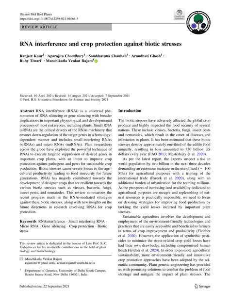 Pdf Rna Interference And Crop Protection Against Biotic Stresses