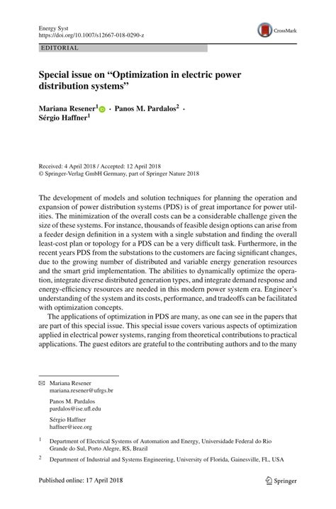 Pdf Special Issue On “optimization In Electric Power Distribution