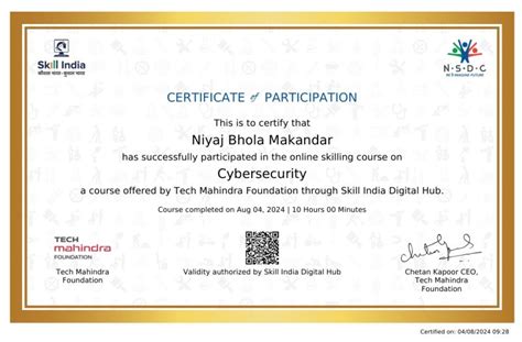 Niyaj Makandar On Linkedin Cybersecurity Certification Skillindia Techmahindra Digitalhub