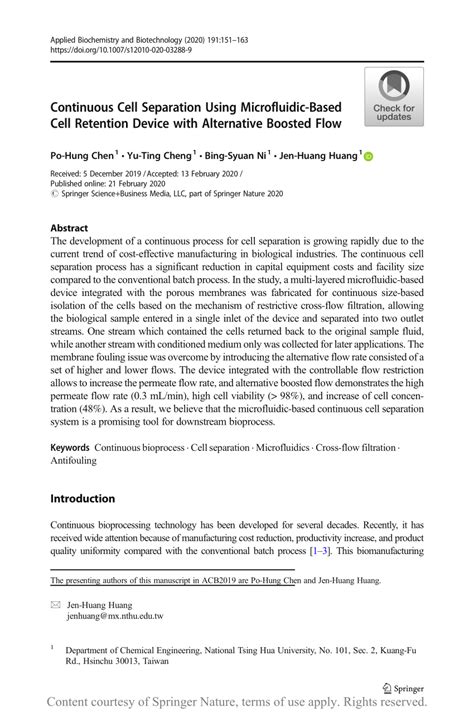 Continuous Cell Separation Using Microfluidic Based Cell Retention Device With Alternative