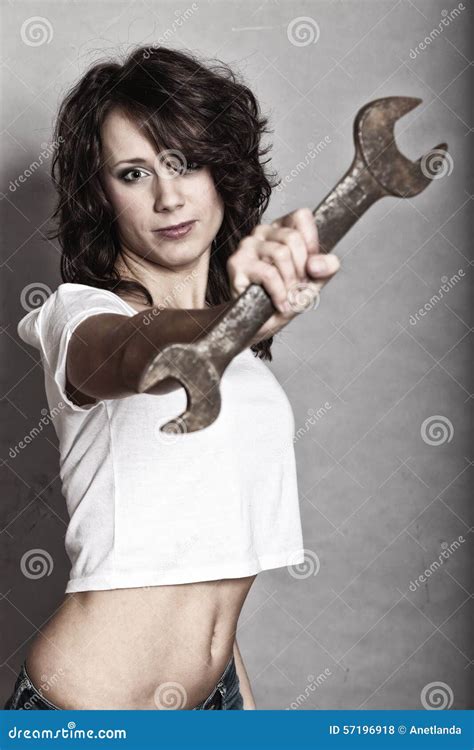 Girl Holding Wrench Spanner Tool Stock Photo Image Of Work Machinist 57196918