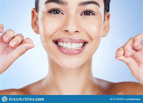 Face Flossing Teeth And Dental With Woman Hygiene And Beauty With