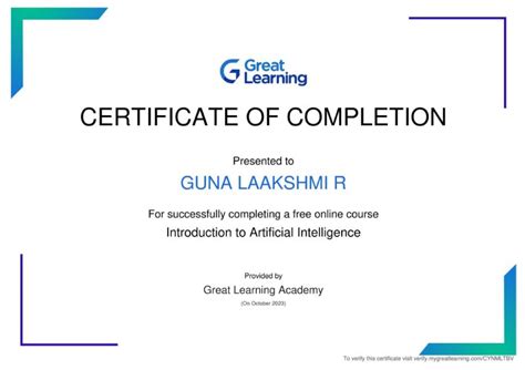 completed introduction to artificial intelligence course from great