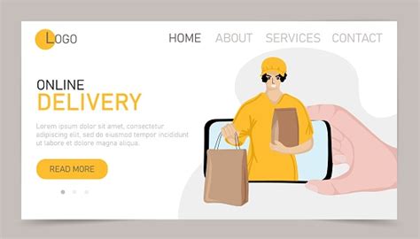온라인 배송 방문 페이지 또는 웹사이트 템플릿 휴대 전화에서 종이 봉투를 들고 배달 택배 남자 개념에 대한 스톡 벡터 아트 및 기타 이미지 Istock