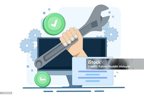 운영 체제 수리 및 유지 보수 개념 노트북 화면에서 손을 꺼내 렌치를 잡고 있습니다 기술자 엔지니어 It 지원 개념 배경에 평면 벡터 그림 가상현실에 대한 스톡 벡터 아트