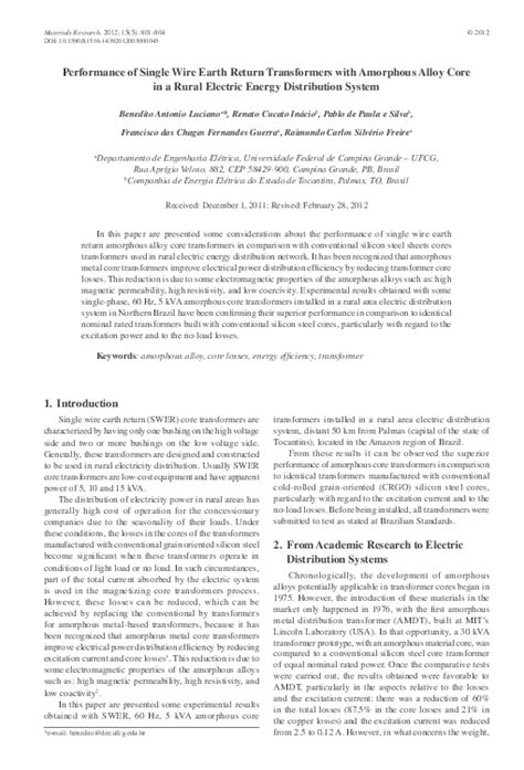 Pdf Performance Of Single Wire Earth Return Transformers With Amorphous Alloy Core In A Rural