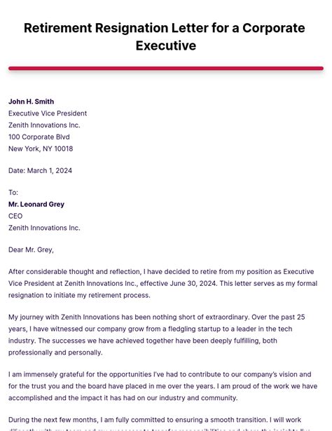 Retirement Resignation Letter For A Corporate Executive Example Edit