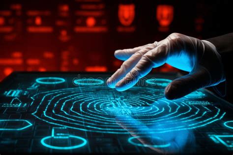 Hand Points At A Luminous Fingerprint Id Interface In A Dark Setting Stock Illustration