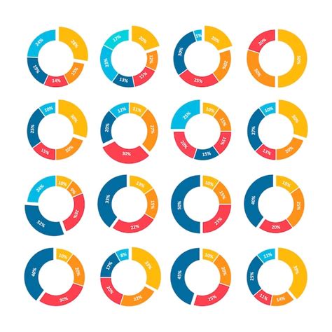 Infographic 원형 그래프 세트입니다 벡터 일러스트 레이 션 섹션 또는 단계가 있는 다채로운 다이어그램 컬렉션