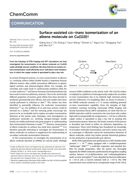 Pdf Surface Assisted Cis Trans Isomerization Of An Alkene Molecule On Cu 110