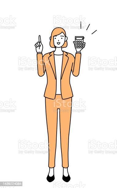 양복을 입은 사업가가 계산기를 들고 가리키는 간단한 선 그리기 그림 가리키기에 대한 스톡 벡터 아트 및 기타 이미지 가리키기