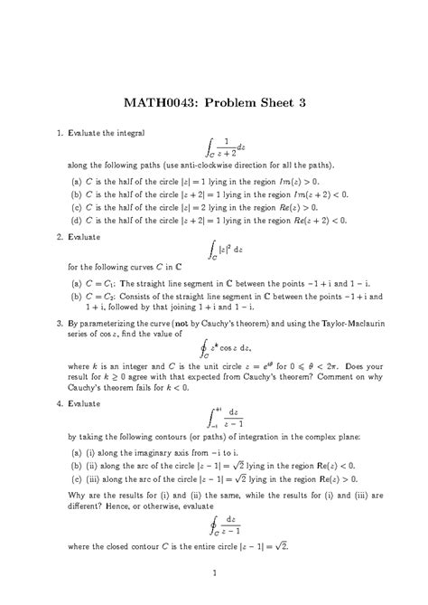 Math0043 Problem Sheet 1 For Study And Review Purposes Studocu