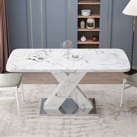 Dining Table Stretchable Table Top Mdf X Shape Table Leg With Metal Base White