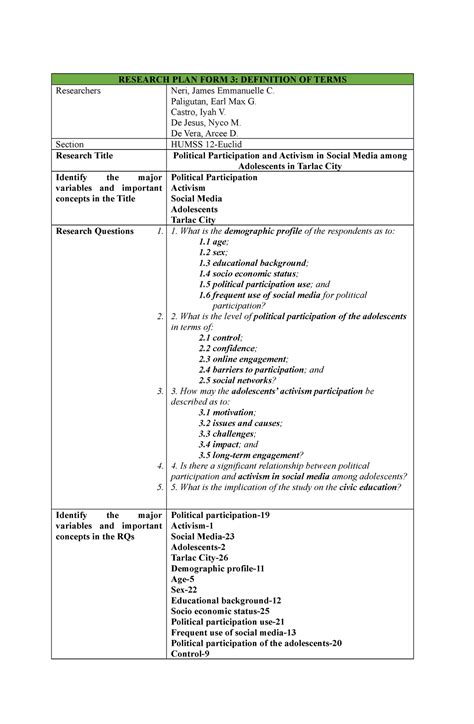 Research Plan Form 3 Definition Of Terms Research Plan Form 3