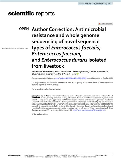 Pdf Author Correction Antimicrobial Resistance And Whole Genome Sequencing Of Novel Sequence