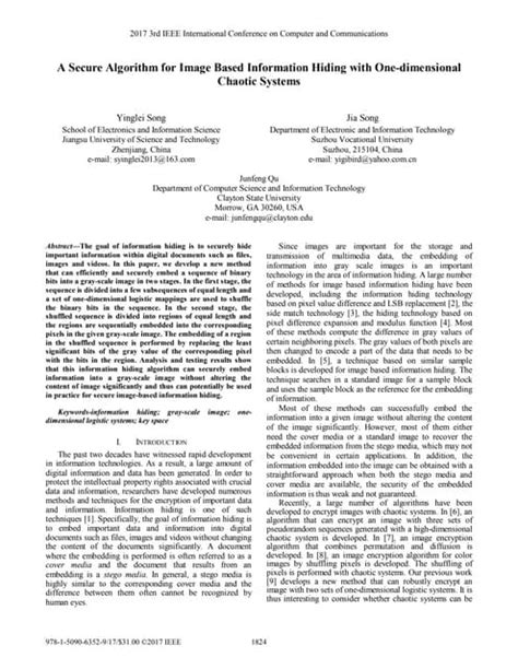 Ieee A Secure Algorithm For Image Based Information Hiding With One Dimensional Chaotic Systems