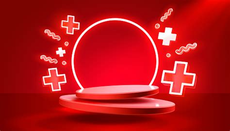 플러스 사인 아이콘 장면 메가 세일 쇼핑 연단 배너 네온 나이트 받침대 벡터 그림 빨강에 대한 스톡 벡터 아트 및 기타 이미지