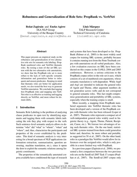 Pdf Robustness And Generalization Of Role Sets Propbank Vs Verbnet