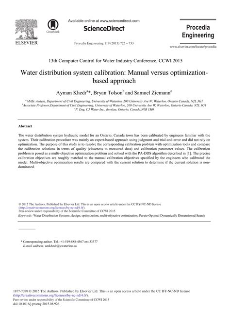 Pdf Water Distribution System Calibration Manual Versus Optimization