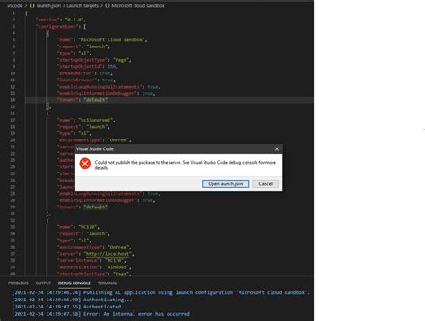 Including Tenant Key In Launchjson For Microsoft Cloud Sandbox Gives Error An Internal