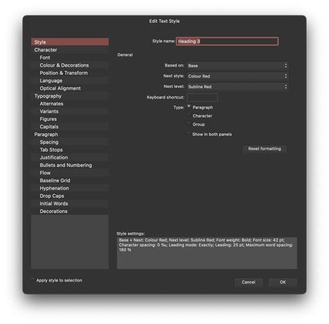 Documentation For The Features In The Edit Text Style Dialogue Pre V Archive Of Affinity On